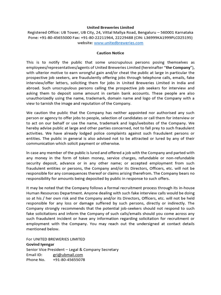 Caution Notice - Fake Interview Calls | PDF