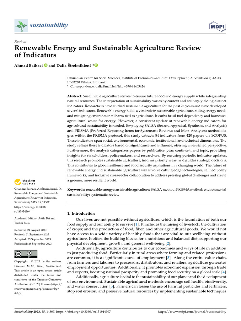 Renewable Energy and Sustainable Agriculture: Review of Indicators | PDF