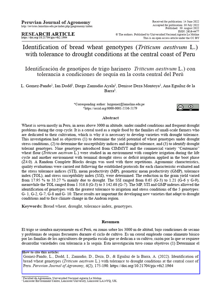Identification of Bread Wheat Genotypes (Triticum Aestivum L.) | PDF