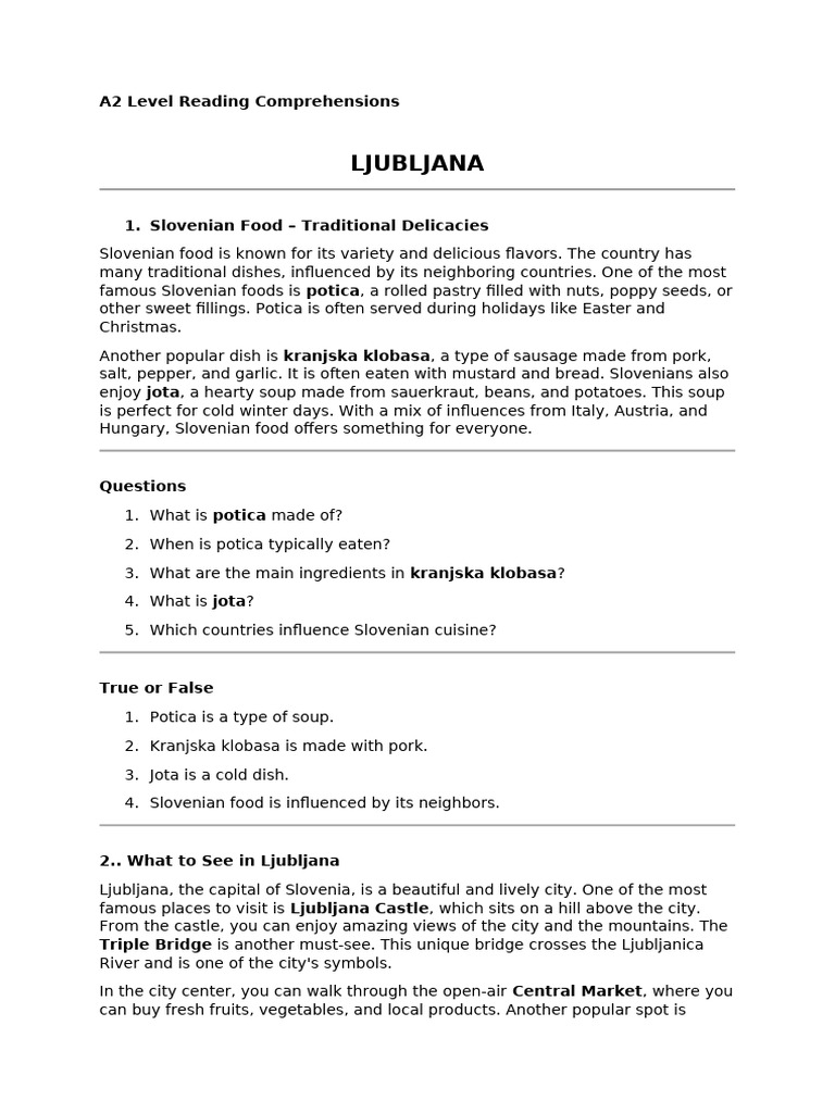 A2 Level Reading Comprehensions Ljubljana | PDF