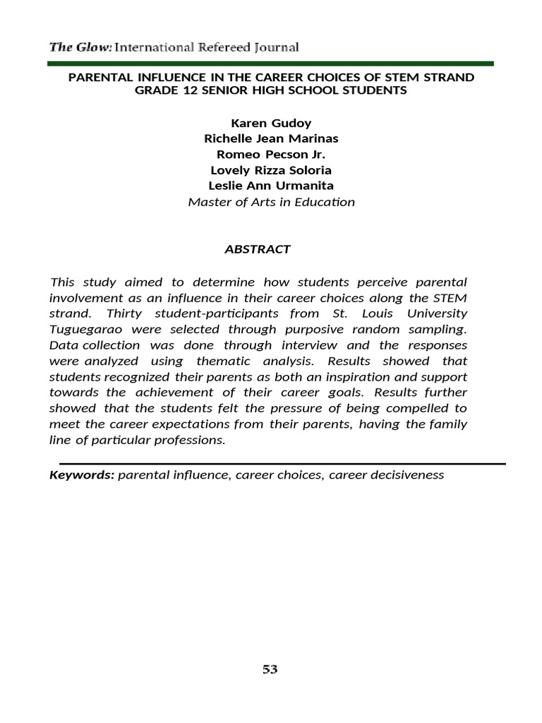 Parental Influence in The Career Choices of STEM Strand Grade 12 Senior ...