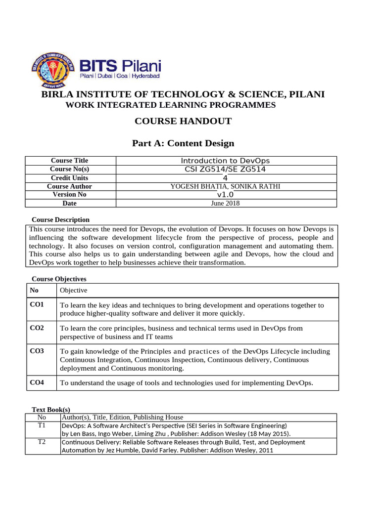 Intro To Devops CSI ZG514 COURSE HANDOUT | PDF