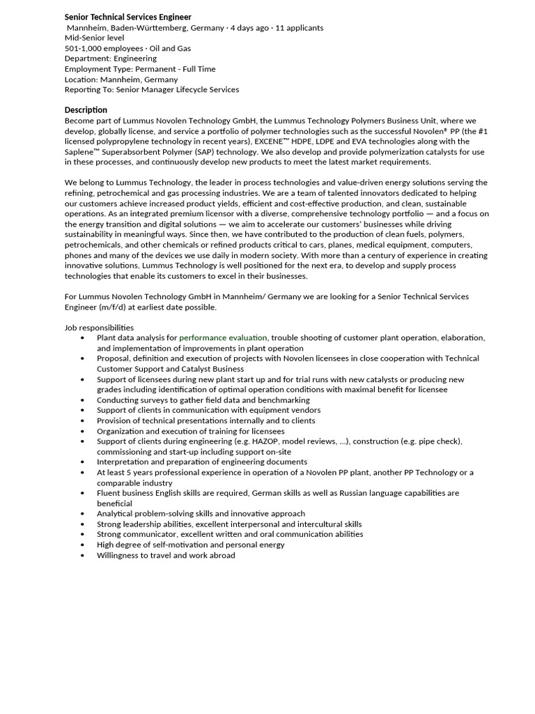 Senior Technical Services Engineer | PDF
