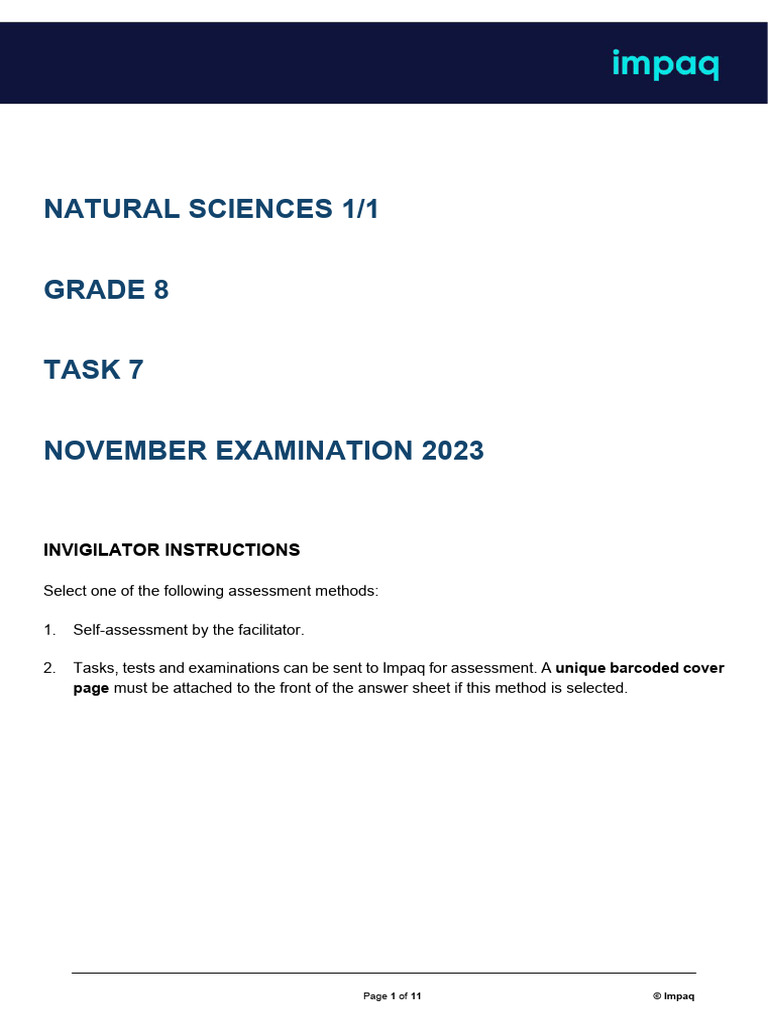 Natural Sciences 1/1 Grade 8 Task 7 November Examination 2023 | PDF