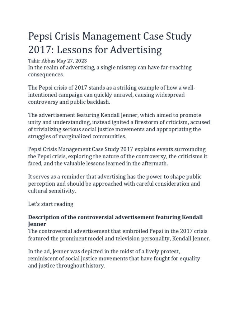 Pepsi Crisis Management Case Study | PDF