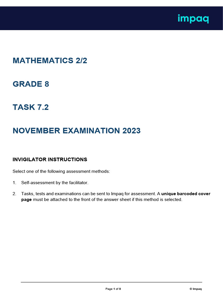 Mathematics 2/2 Grade 8 TASK 7.2 November Examination 2023: Invigilator Instructions | PDF