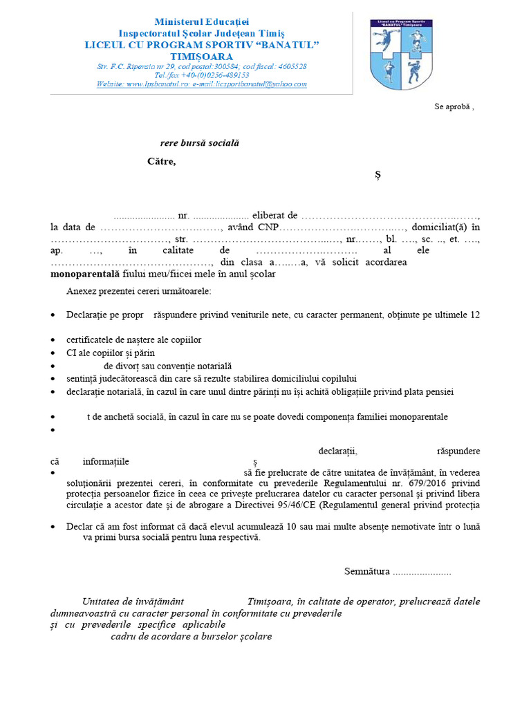 6.cerere Burse Sociala Monoparentala | PDF
