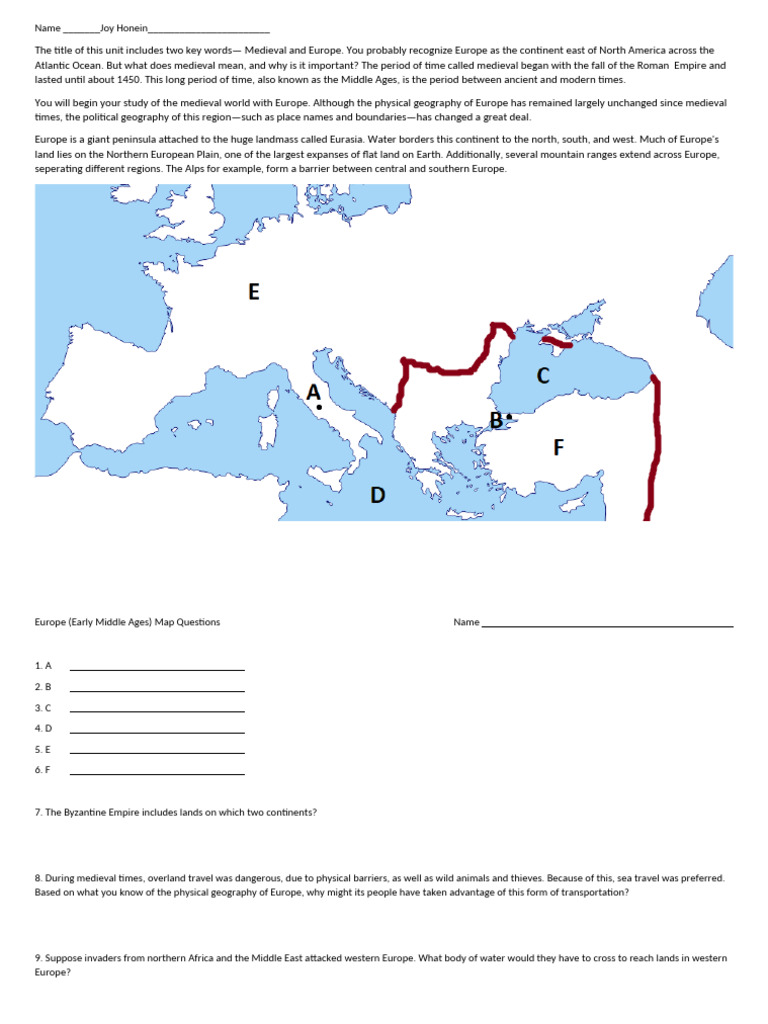 Europe Early Middle Ages Byzantine Map With Questions | PDF