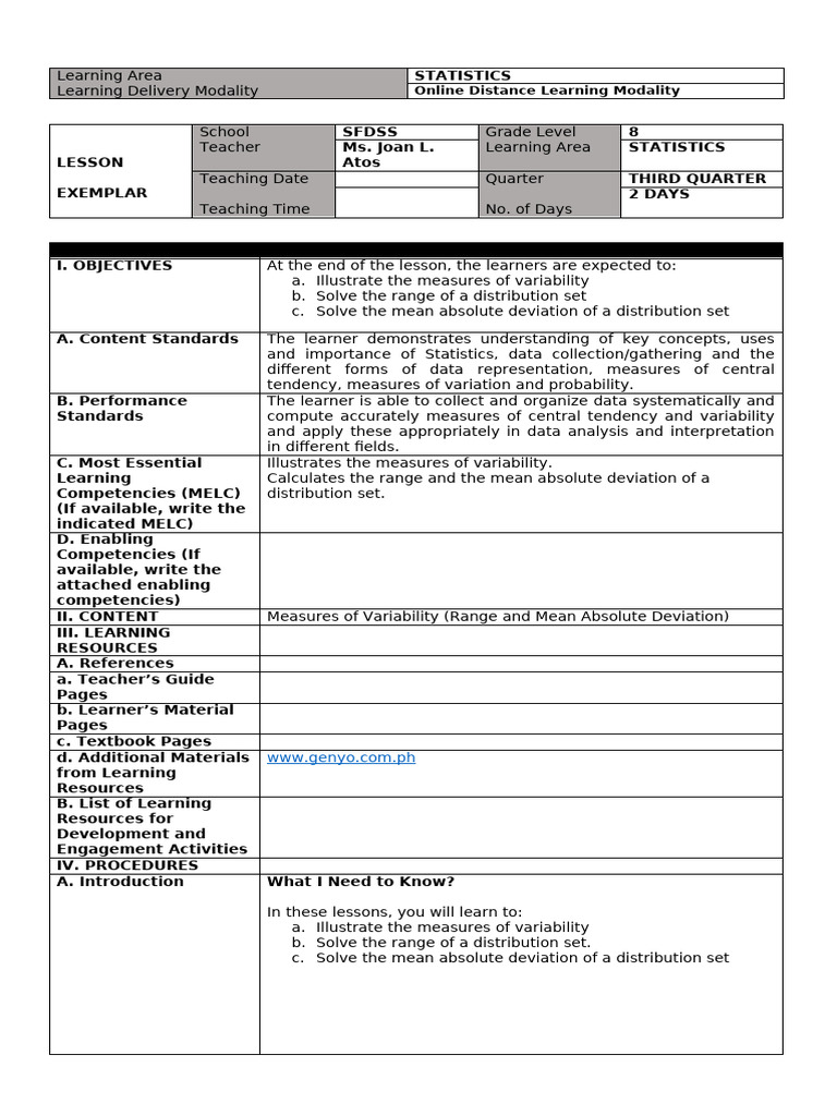Q3 - Exemplar - Measures of Variability (Range and Mad) | PDF