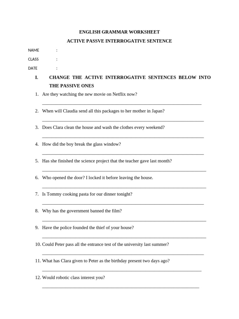 English Grammar Worksheet Active - Passive Questions Sentences | PDF