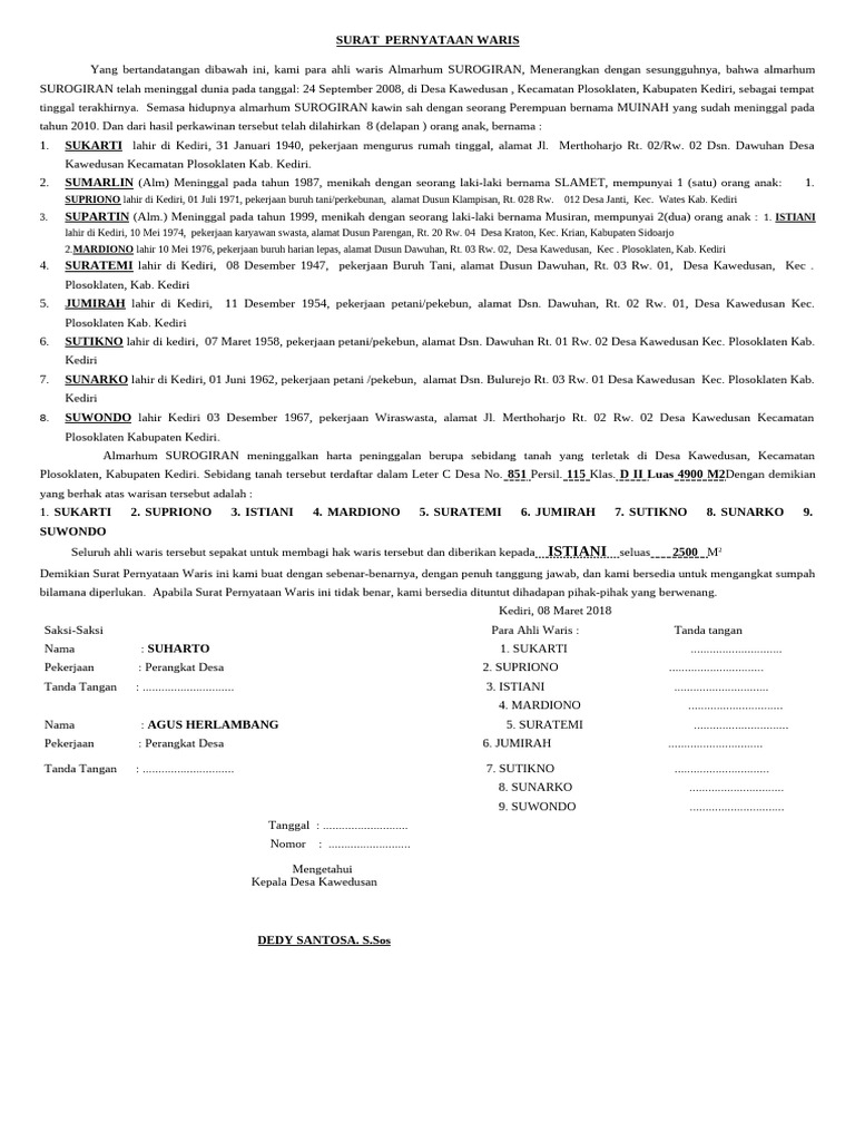 Contoh Waris Tanpa TTD Camat | PDF