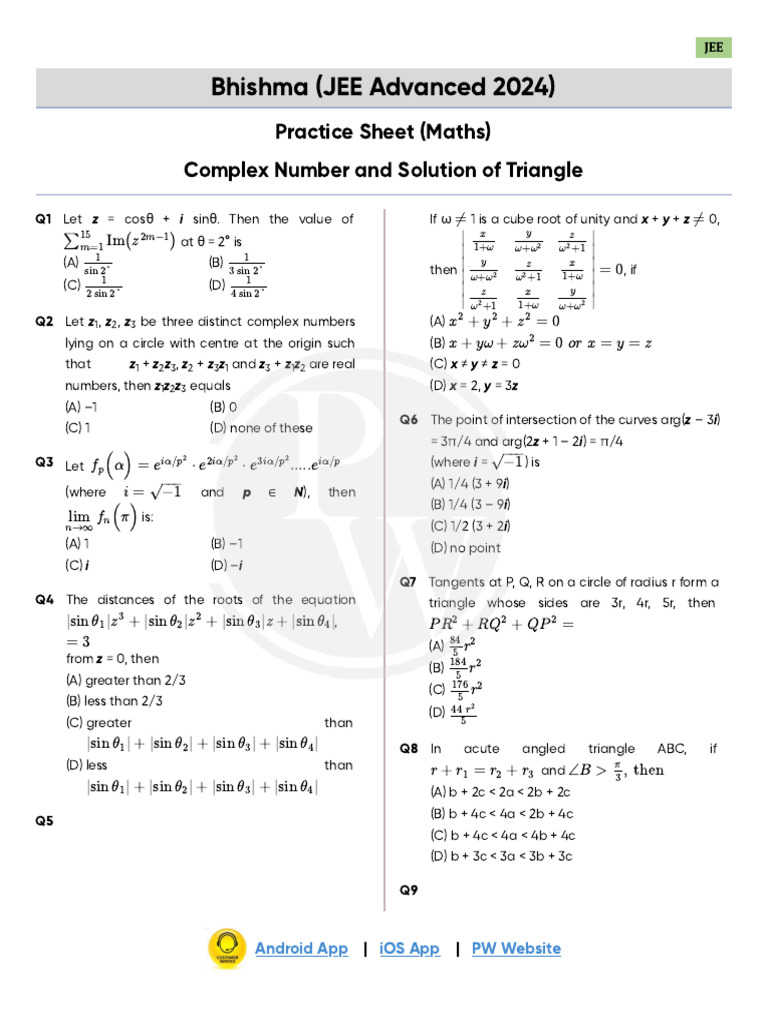 Complex Number and Solution of Triangle Practice Sheet | PDF