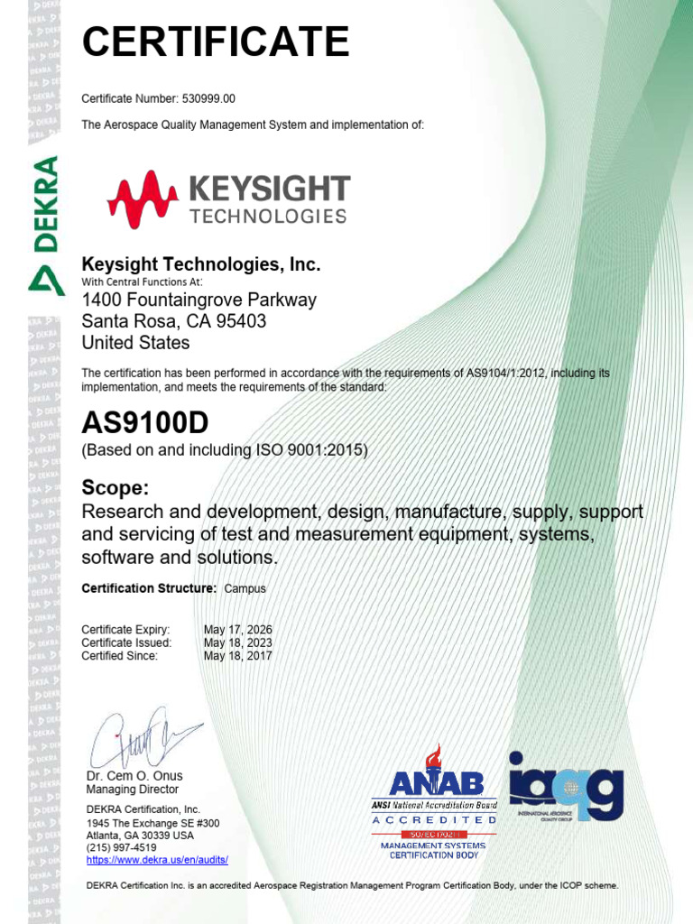 00.keysight AS9100D Certificate | PDF | Certification | Qualifications