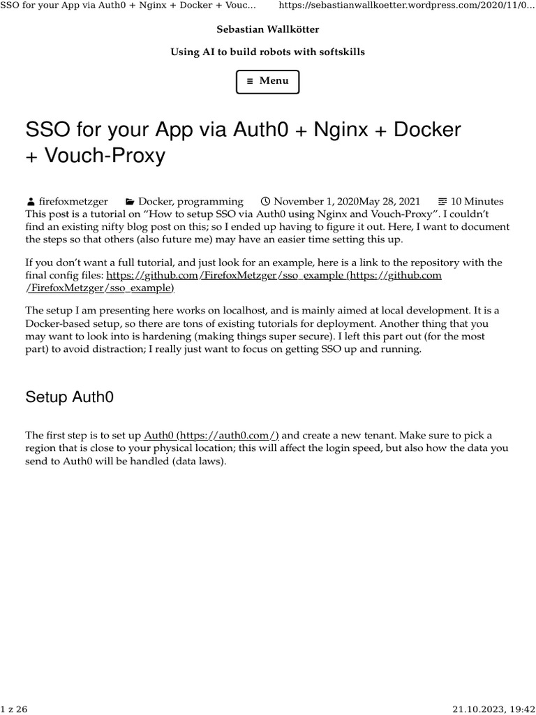 SSO For Your App Via Auth0 + Nginx + Docker + Vouch-Proxy - Sebastian Wallkötter | PDF