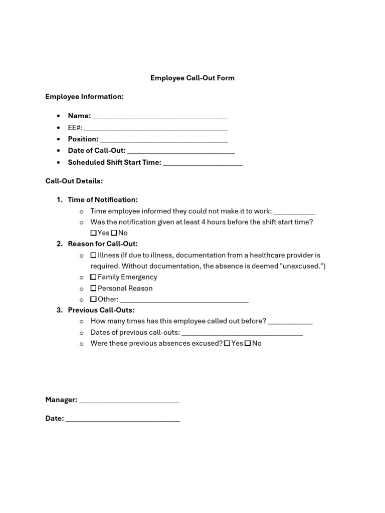 Employee Call-Out Form - Concierge Division 2 | PDF | Career & Growth