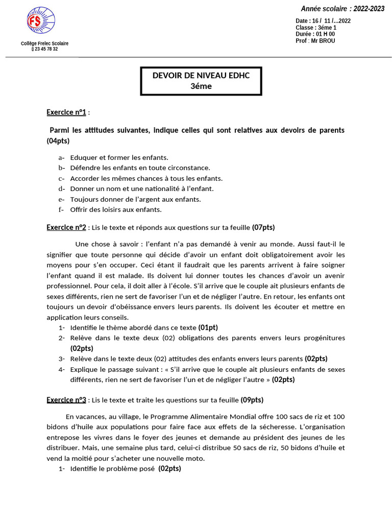 DEVOIR DE NIVEAU EDHC 3éme Du 11.11.22 | PDF