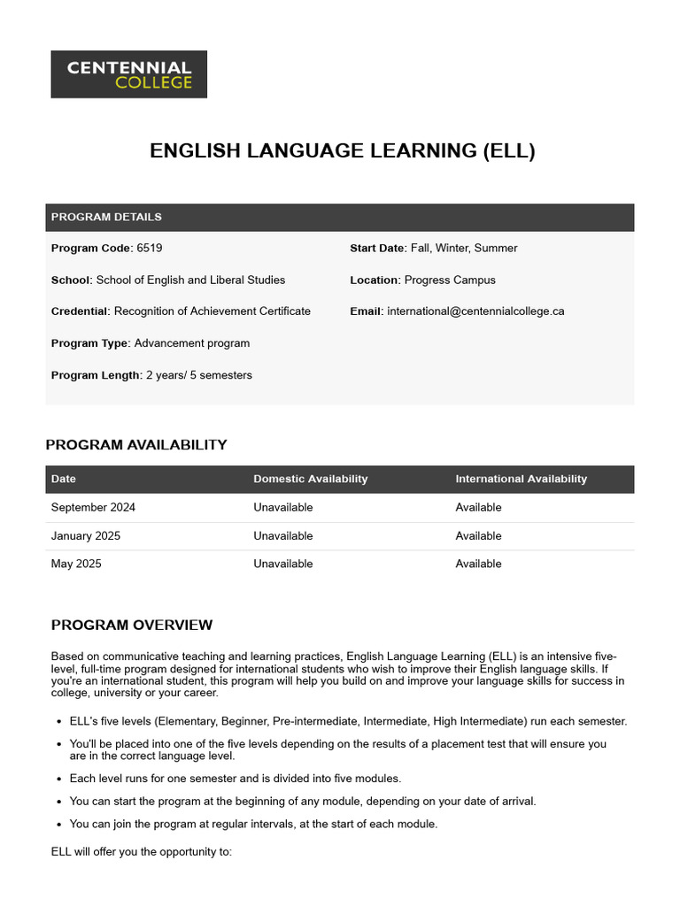 English Language Learning (ELL) - Centennial College | PDF