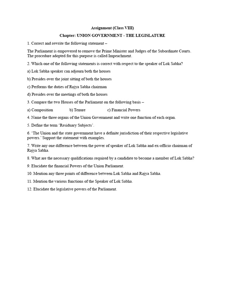 Worsheet Chapter Legislature Class 8 | PDF