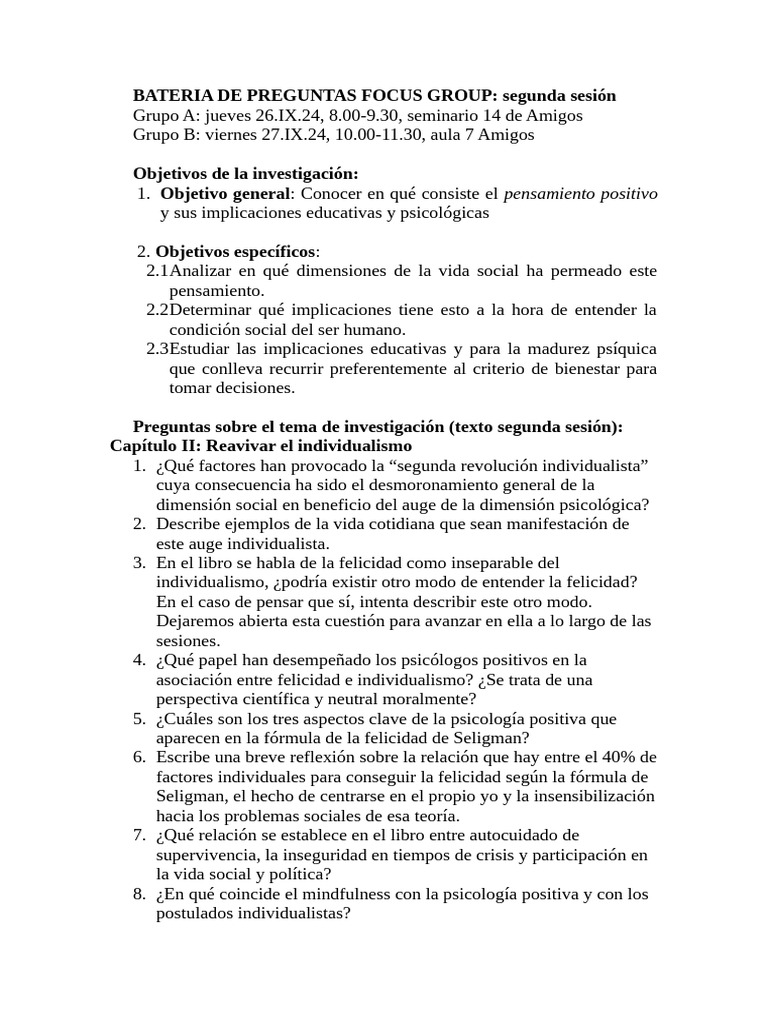 BATERIA DE PREGUNTAS 2º FOCUS GROUP | PDF