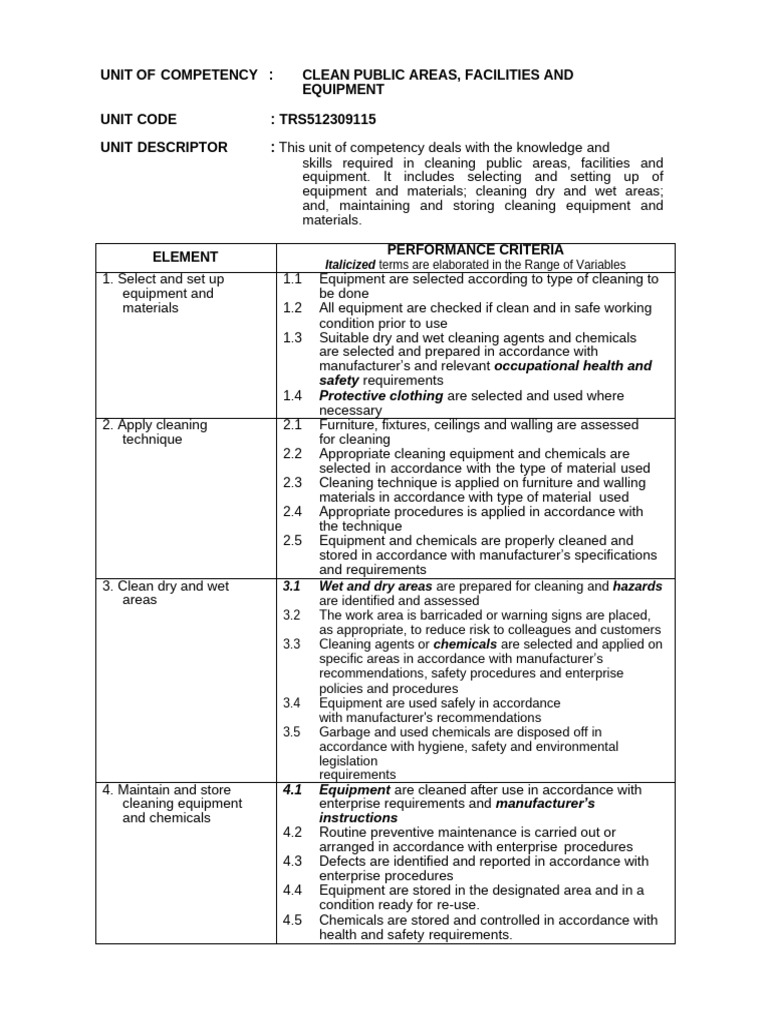 Housekeeping nc2 CLEAN PUBLIC AREAS FACILITIES AND EQUIPMENT | PDF