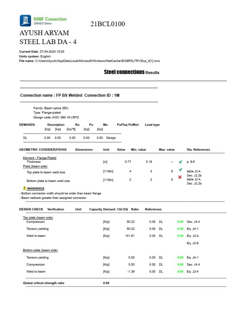 21bcl0100 Ayush - Aryam Steel Lab Da 4 | PDF