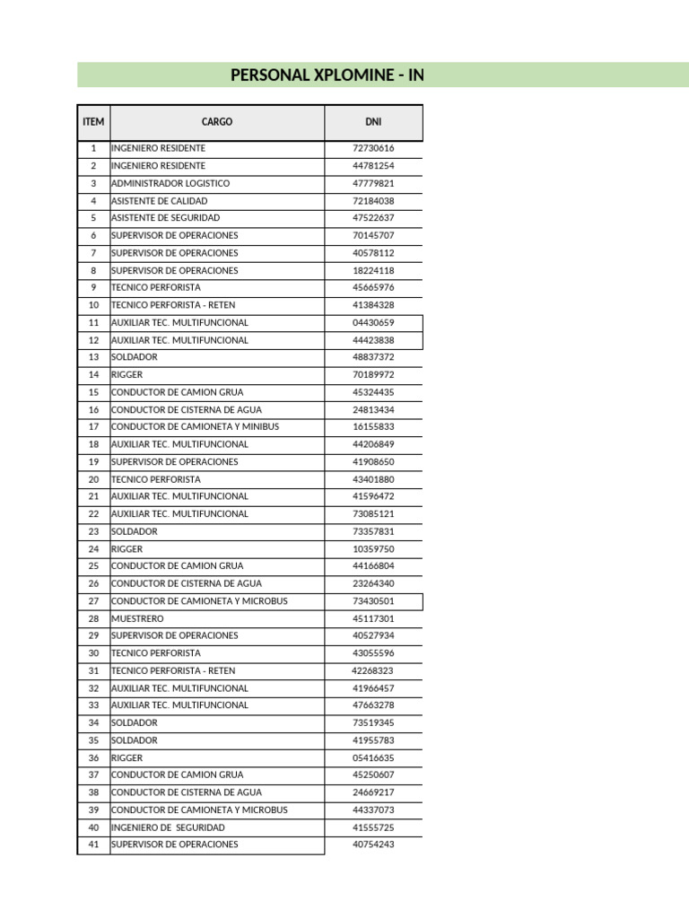 Xplomine - Relacion de Personal Ingreso A Mina | PDF