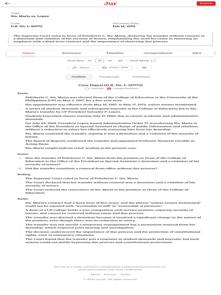 Sta. Maria v. Lopez: Tenure Violation Ruling | PDF | Government | Justice