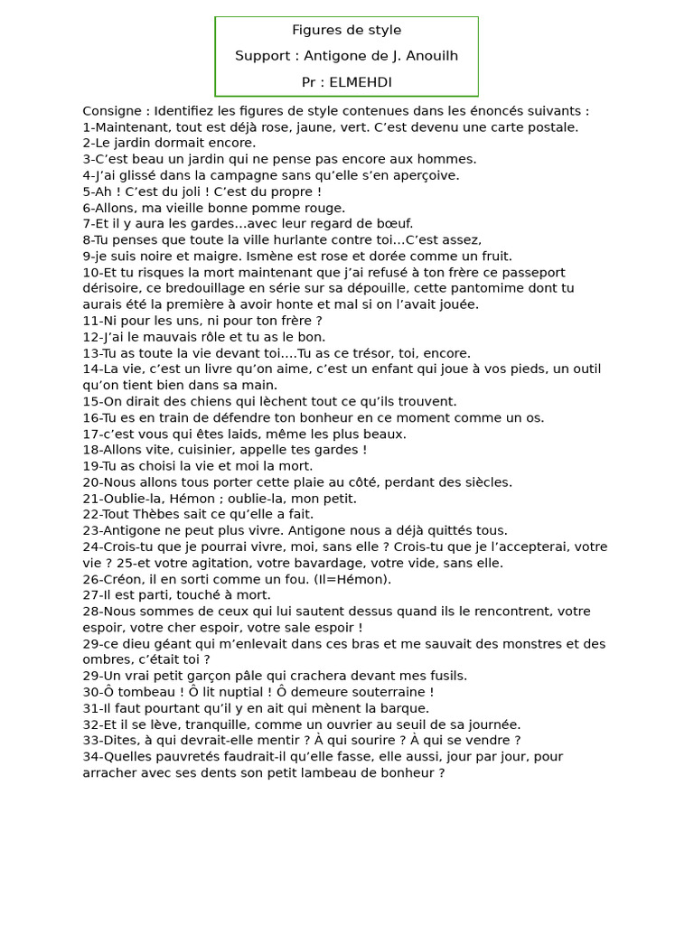 Ecercices Sur Les Figure de Style Bac 1 | PDF