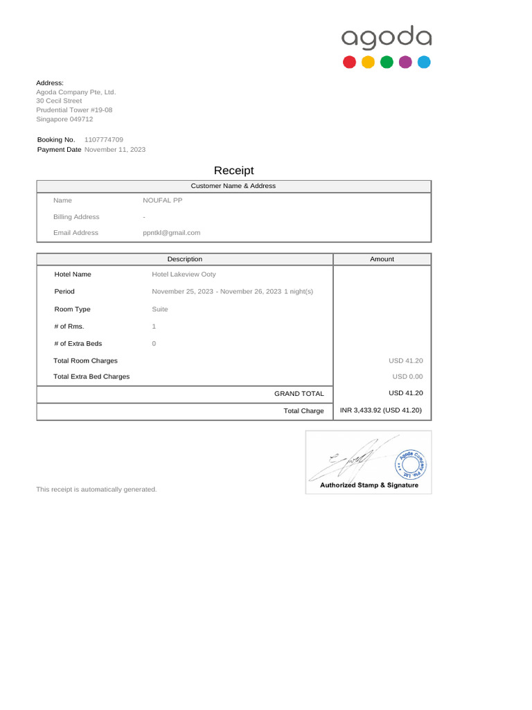 Agoda Booking ID 1107774709 - RECEIPT Enclosed | PDF