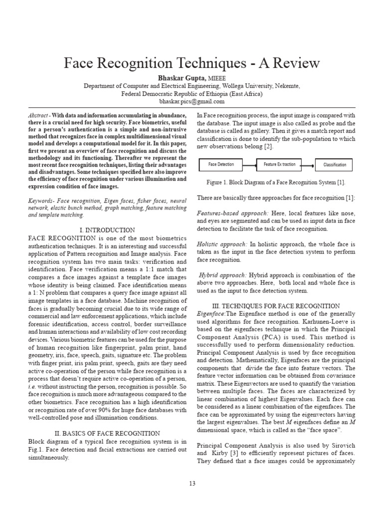 2 Face Recognition Techniques Bhaskar Gupta | PDF