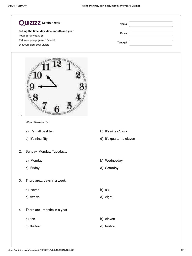 Telling The Time, Day, Date, Month and Year - Quizizz | PDF