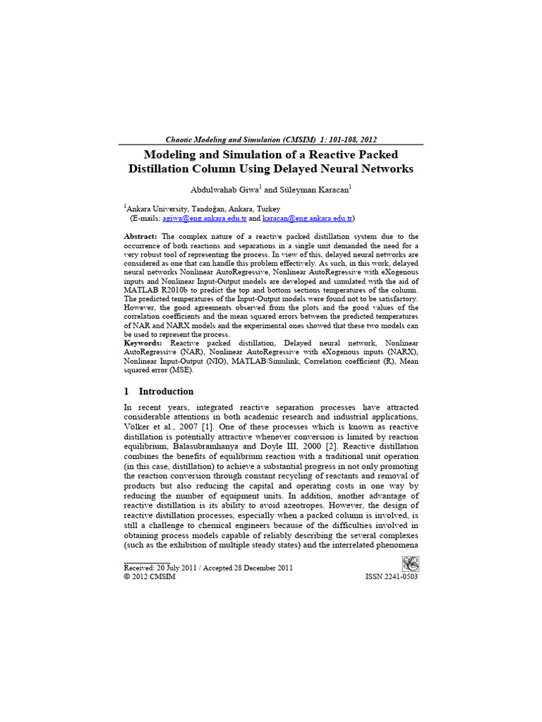 Modeling and Simulation of A Reactive Packed Distillation Column Using Delayed Neural Networks | PDF