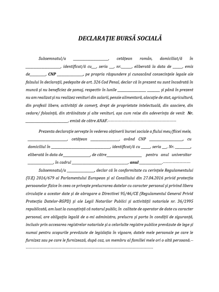 Template Declaratie Bursa Sociala Parinte | PDF