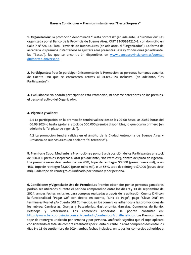 Bases y Condiciones Premios Instantaneos Fiesta Sorpresa1 | PDF