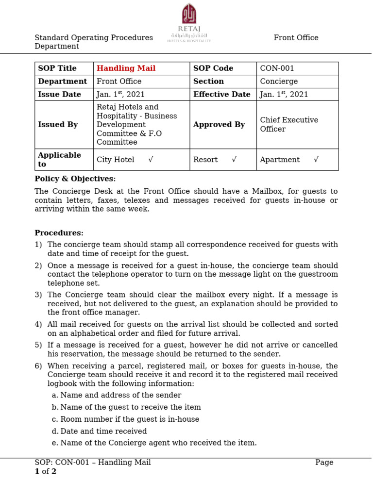 (CON-001) Concierge - Handling Mail | PDF