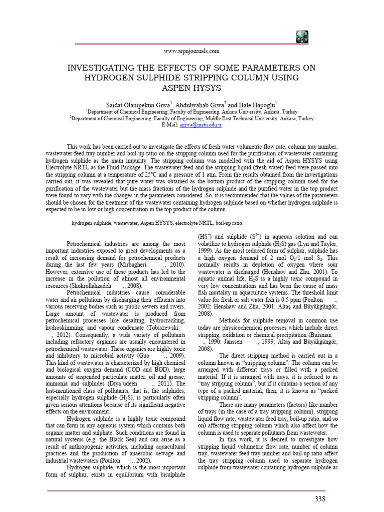 Investigating The Effects of Some Parameters On Hydrogen Sulphide ...