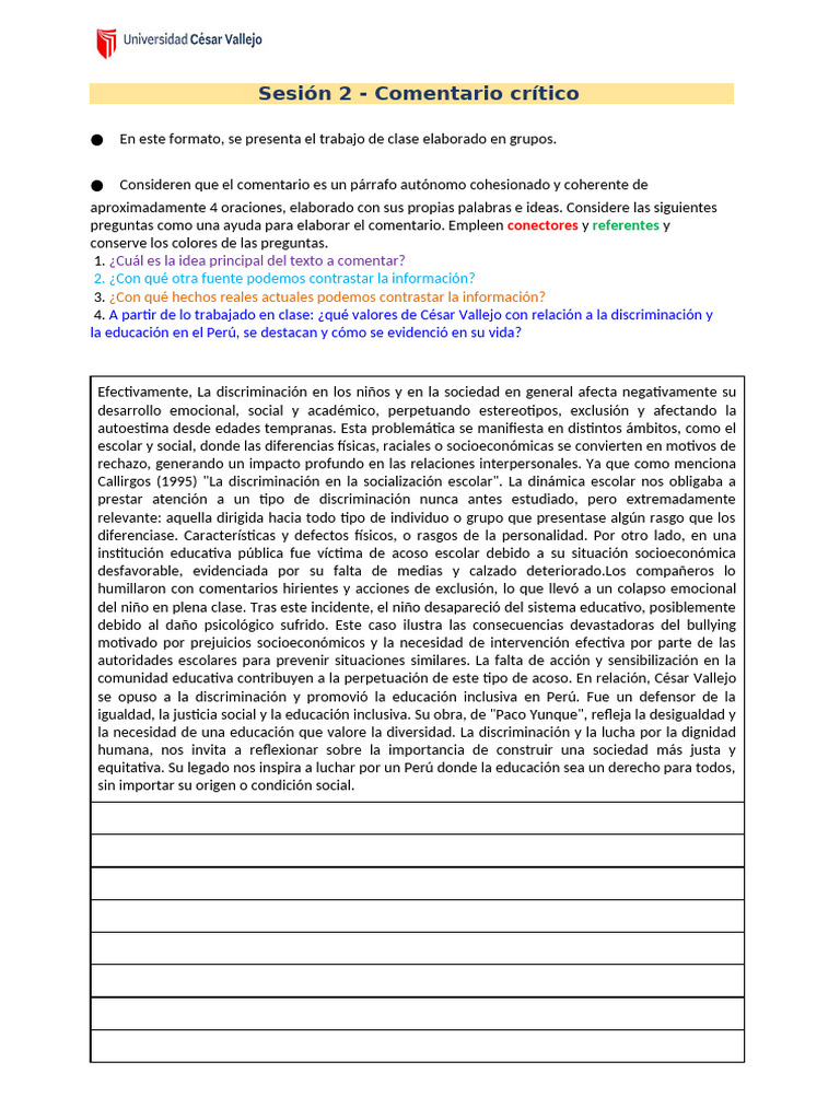 Sesión 2 Formato para El Comentario Crítico | PDF | Discriminación | Escuelas