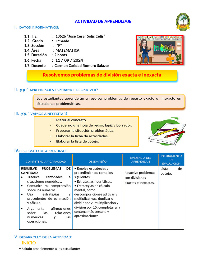 D4 A1 SESION MAT. Resolvemos Problemas de División Exacta e Inexacta | PDF D4 A1 SESION MAT. Resolvemos Problemas de División Exacta e Inexacta | PDF