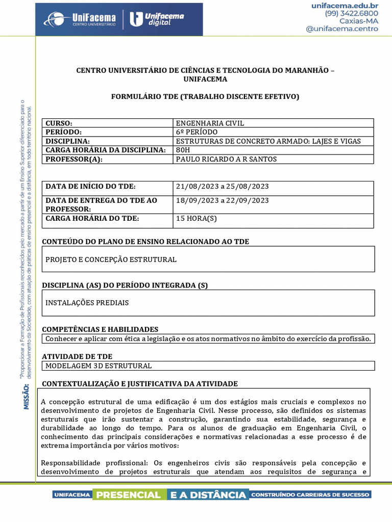 Ec - 6P - Tde 01 - Eca Lajes e Vigas - 2023.2 | PDF