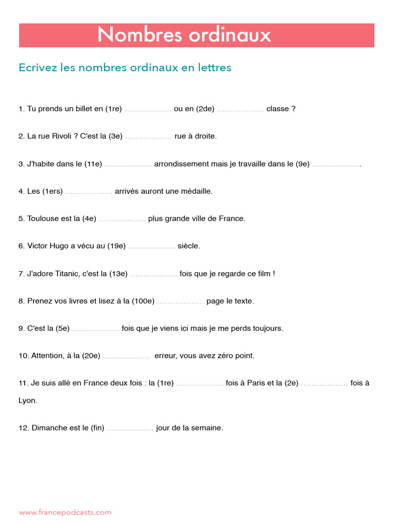 Exercices sur les nombres ordinaux en français | PDF | Maison et jardin ...