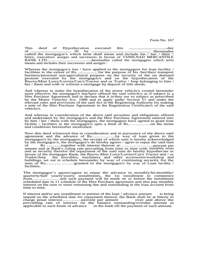 Vehicle Hypothecation Agreement 01 | PDF