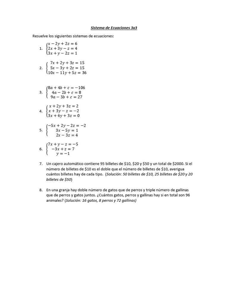 Sistema de Ecuaciones 3x3 EJERCICIOS | PDF