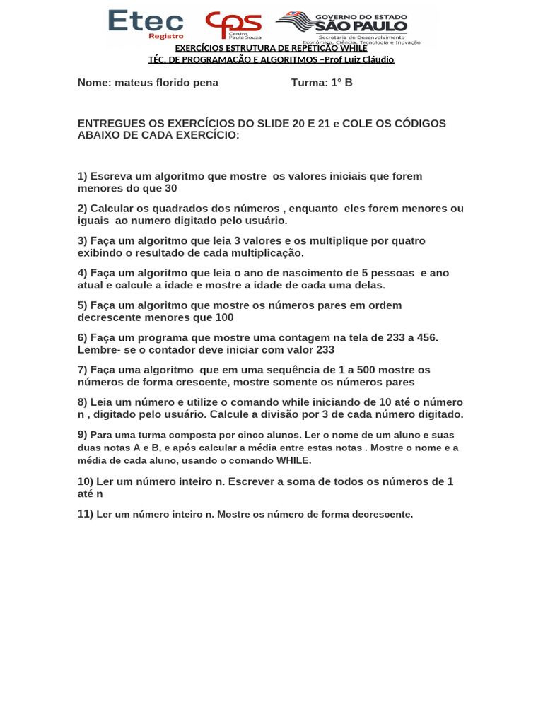 Exercícios While | PDF