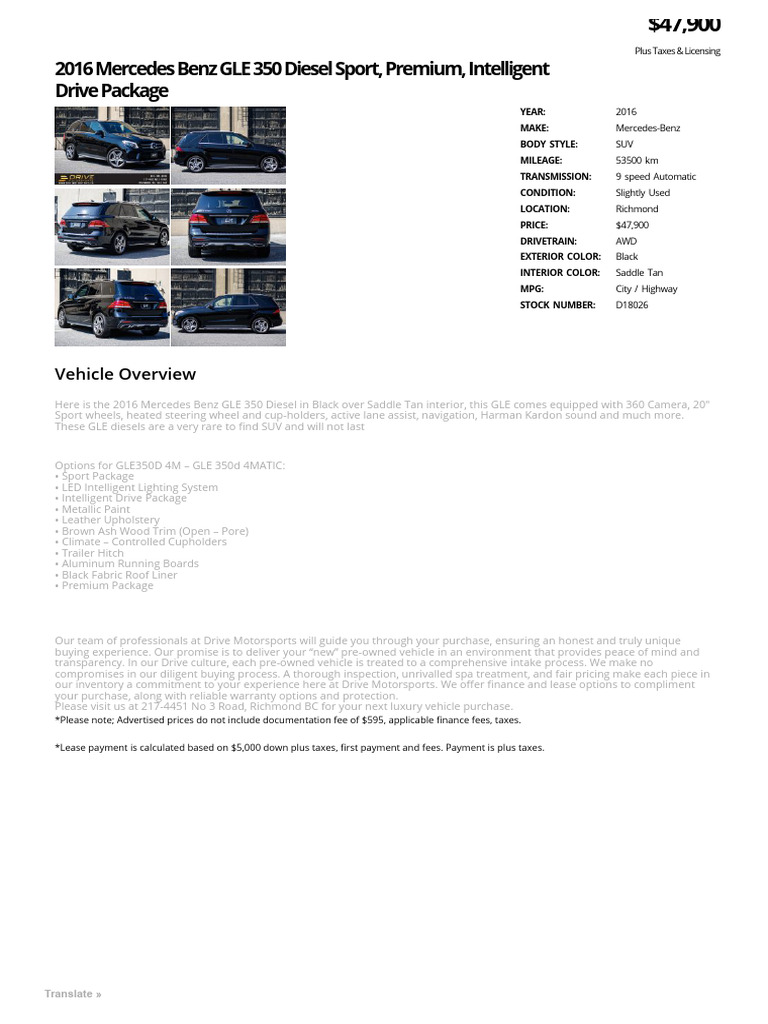 2016 Mercedes Benz GLE 350 Diesel Sport, Premium, Intelligent Drive ...