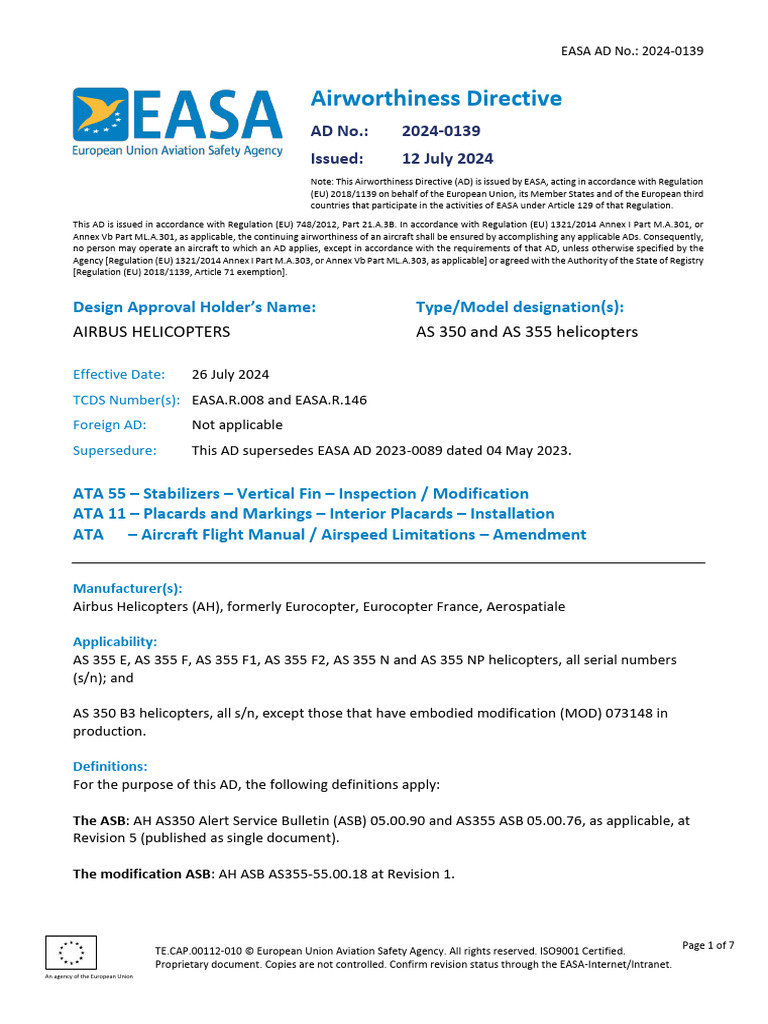 Easa Ad 2024-0139 1 | PDF