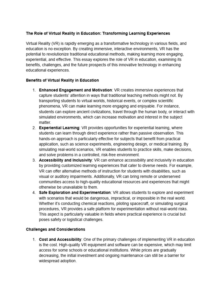 The Role of Virtual Reality in Education_ Transforming Learning Experiences | PDF