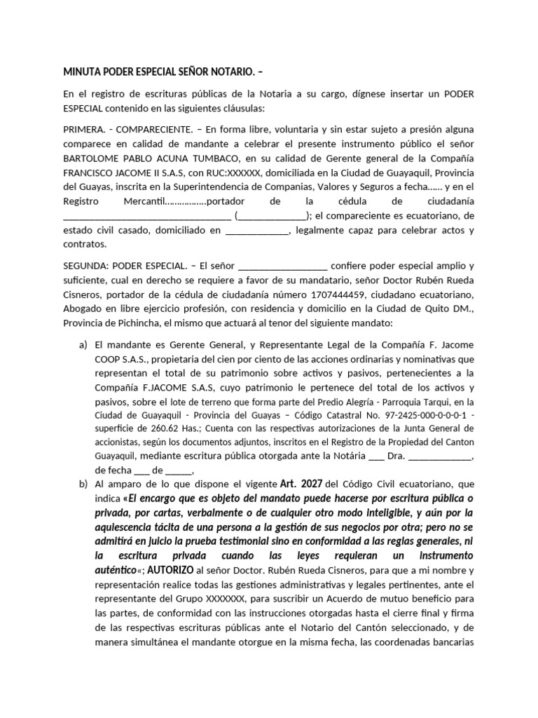 MINUTA PODER ESPECIAL SEÑOR NOTARIO Ss | PDF