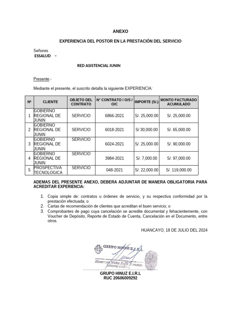 Anexo - Declaracion Jurada Experiencia Postor - Hospital | PDF | Tecnología