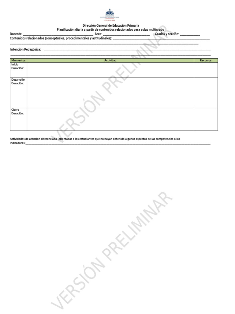 Plantilla Planificación Diaria Multigrado | PDF