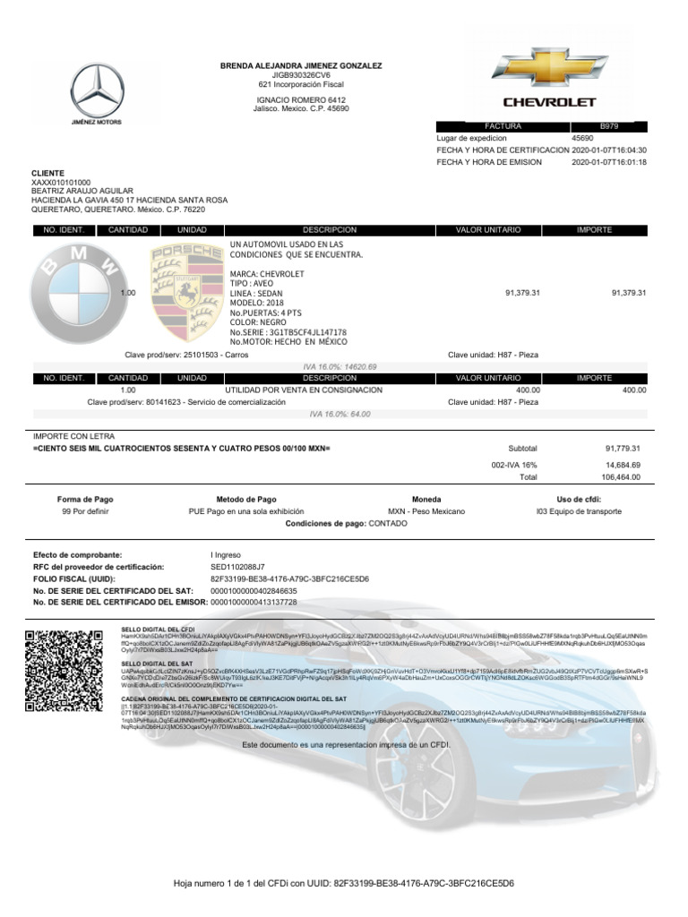 Factura B979: Hoja Numero 1 de 1 Del Cfdi Con Uuid | PDF